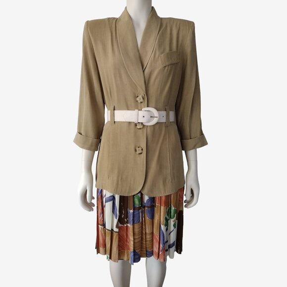 Vintage | Skirts | Vintage 99s 3 Piece Suit Set Tan Jacket Pleated ...